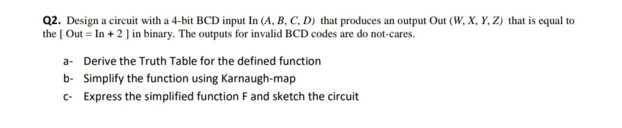 Solved Q2. Design a circuit with a 4-bit BCD input In (A, B, | Chegg.com