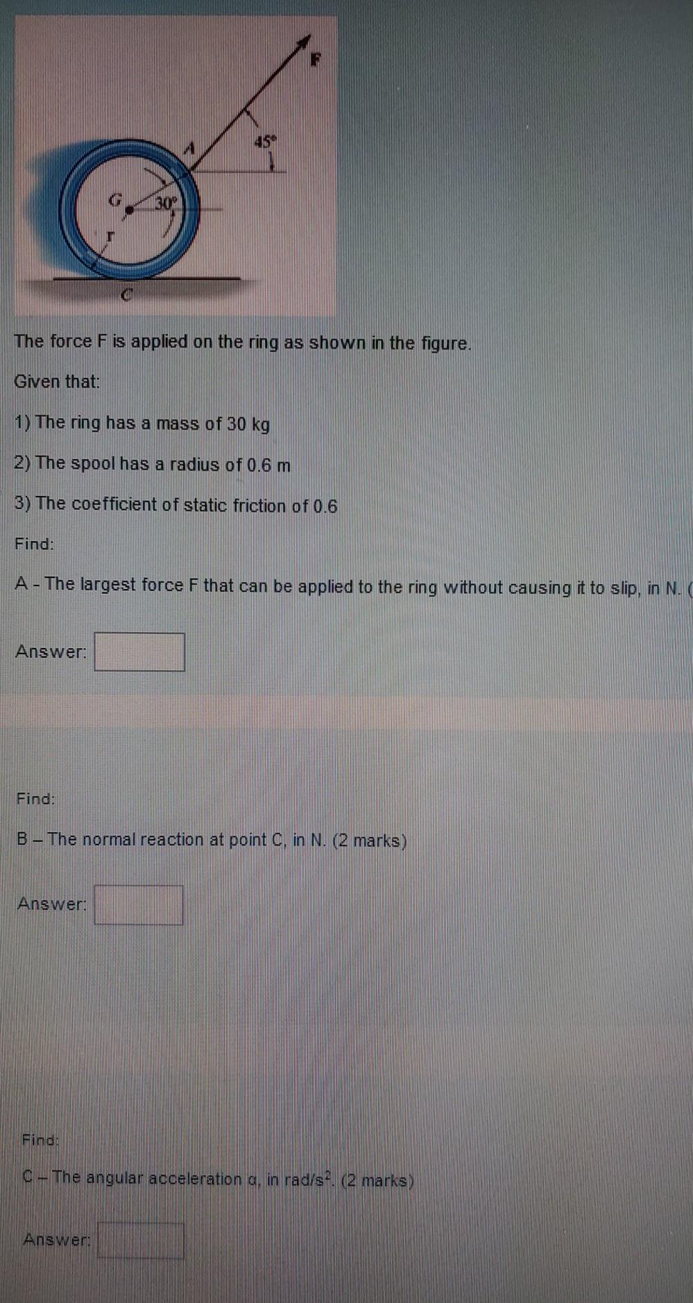 Solved 12:00 The force F is applied on the ring as shown in | Chegg.com