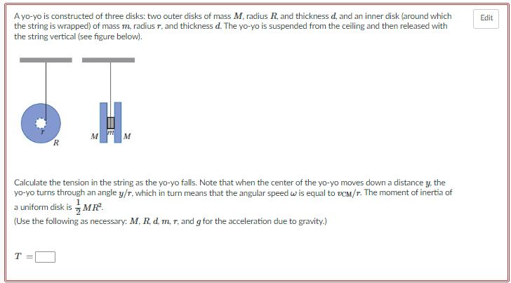 Solved A yo-yo is constructed of three disks: two outer | Chegg.com