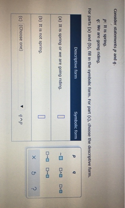 Solved Consider statements p and q. p: It is spring. q: We | Chegg.com