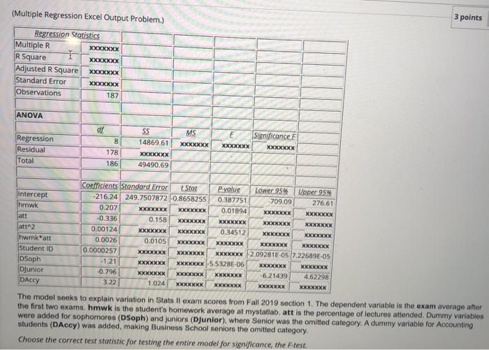 Solved Multiple Regression Excel Output Problem 3 Points 6258