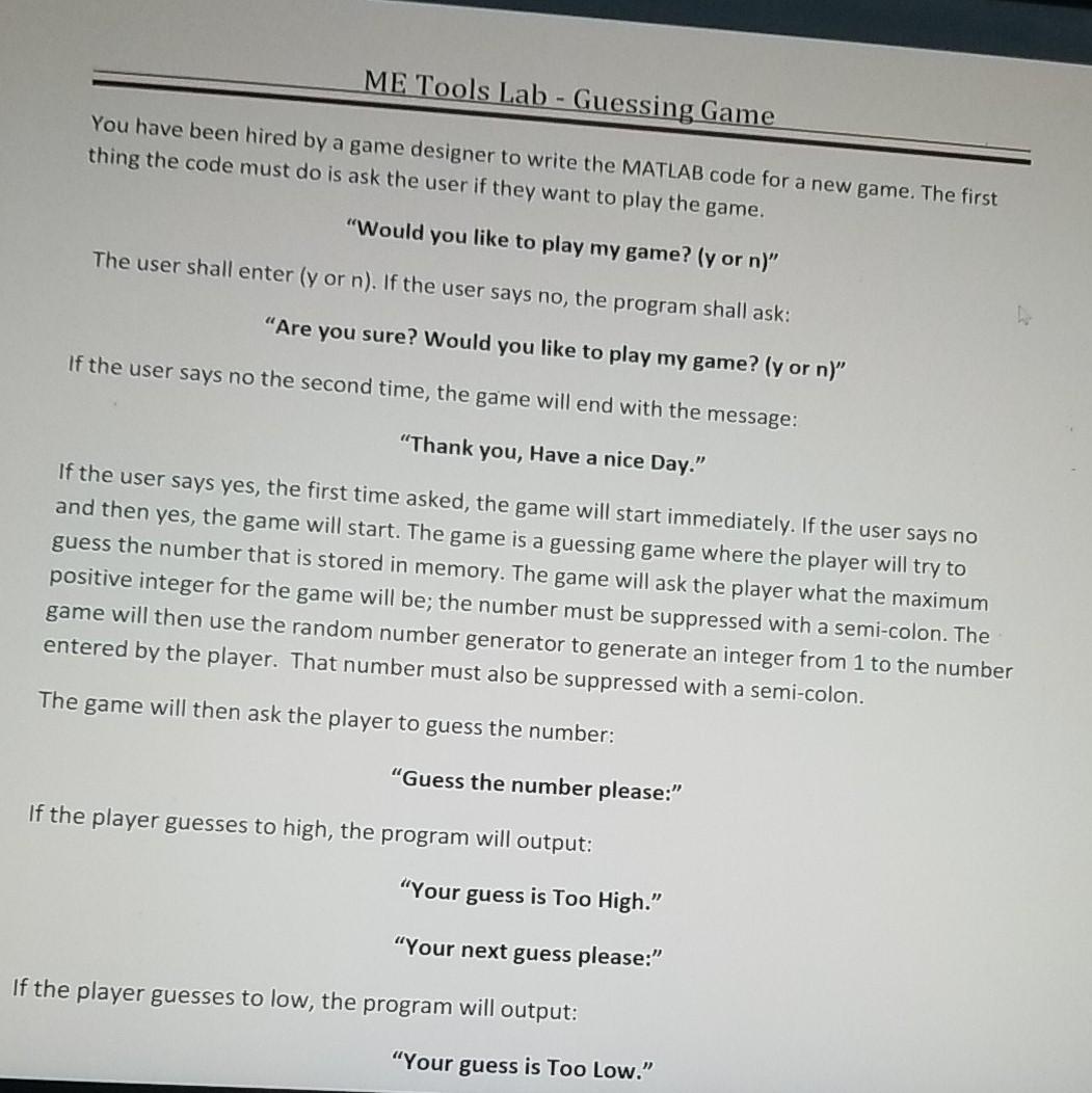 Solved Me Tools Lab Guessing Game You Have Been Hired By A 
