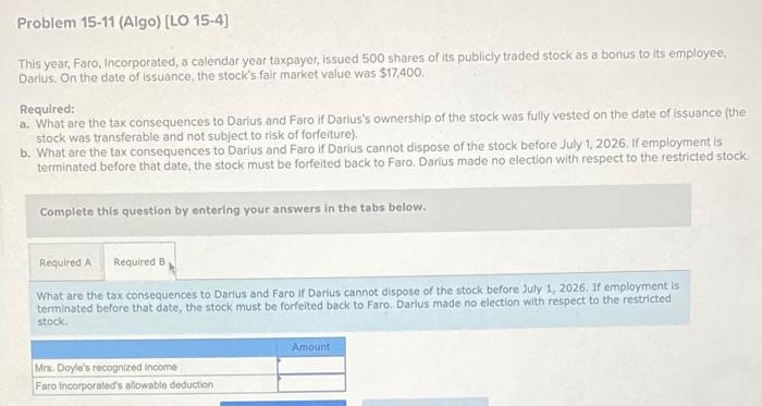 Solved Problem 15-11 (Algo) [LO 15-4] This year, Faro, | Chegg.com