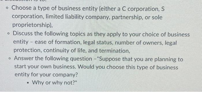 Solved • Choose a type of business entity (either a C | Chegg.com