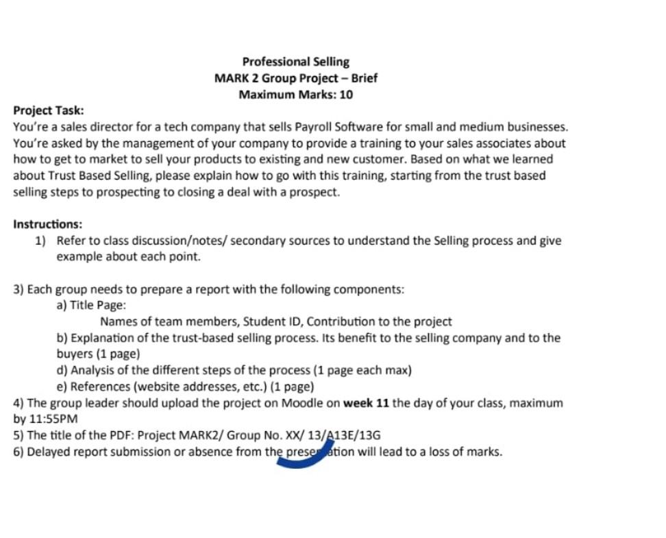 Solved Professional Selling MARK 2 Group Project - Brief | Chegg.com