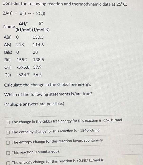 Solved Consider the following reaction and thermodynamic | Chegg.com