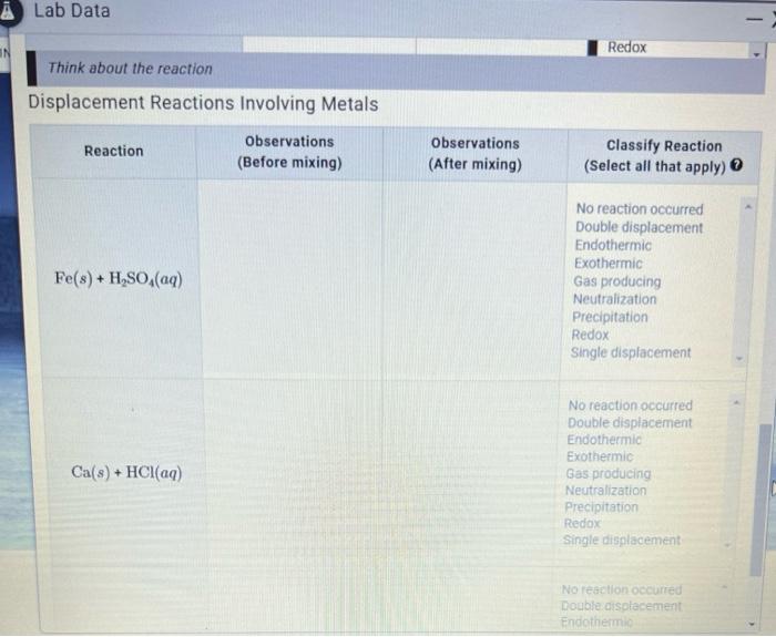 Solved A Lab Data IN Redox Think about the reaction | Chegg.com