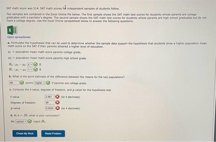 Solved SAT math score was 514. SAT math scores fot | Chegg.com