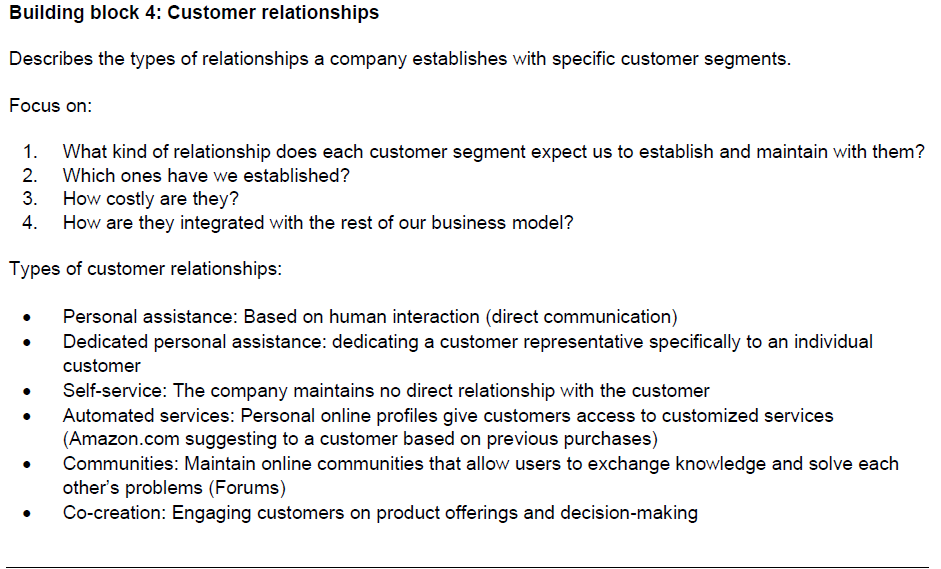 Solved Building block 4: Customer relationshipsDescribes the | Chegg.com