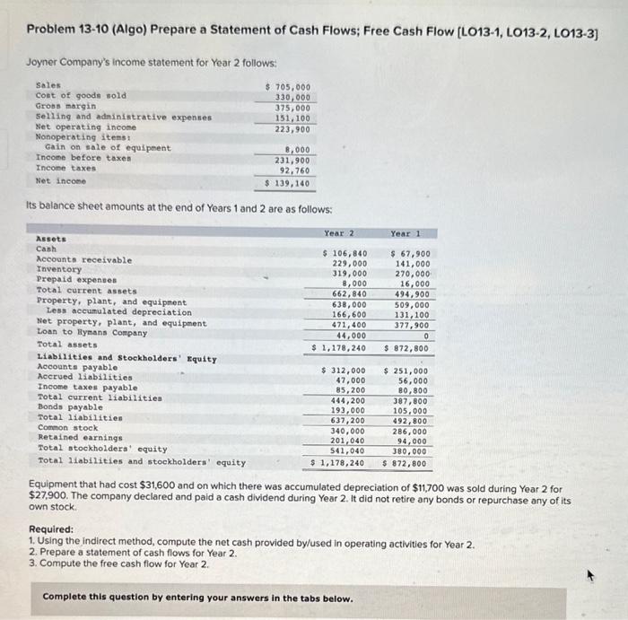 Solved Problem 13-10 (Algo) Prepare a Statement of Cash | Chegg.com