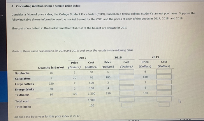 Solved 4. Calculating inflation using a simple price index | Chegg.com