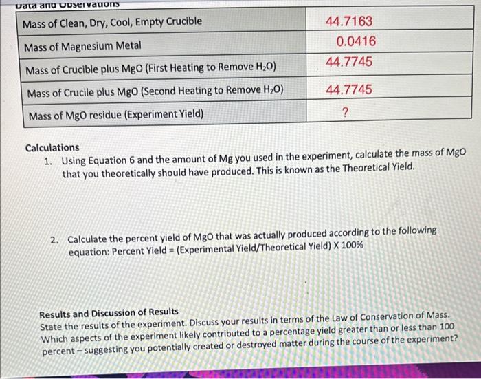 Solved Calculations 1. Using Equation 6 and the amount of Mg | Chegg.com
