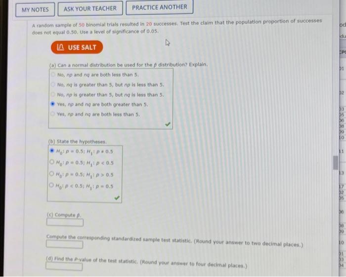 Solved random sample of so binomial trials resulted in 20 | Chegg.com