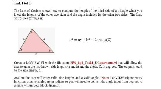 Solved Task 1 (of 3) The Law of Cosines shows how to compute | Chegg.com
