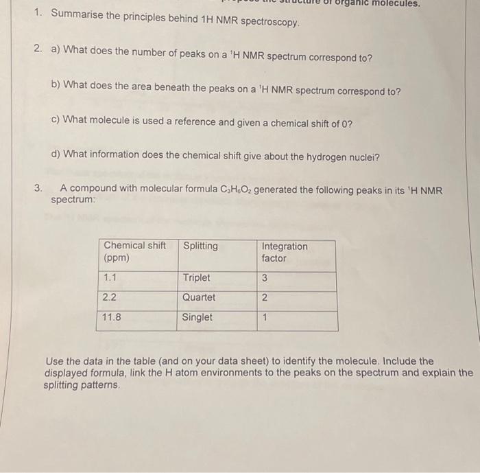 Solved 1. Summarise the principles behind 1 H NMR | Chegg.com