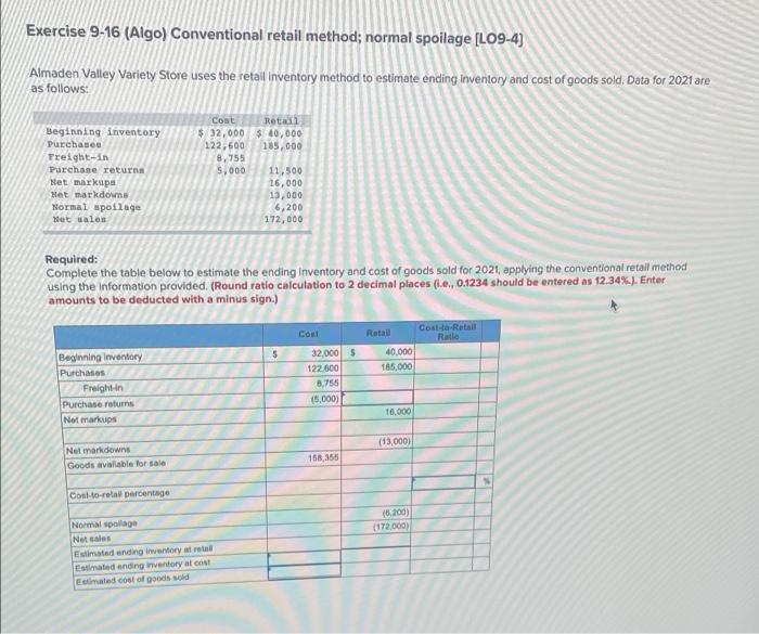Solved Exercise 9-16 (Algo) Conventional retail method; | Chegg.com Solved Exercise 9-16 (Algo) Conventional retail method; | Chegg.com