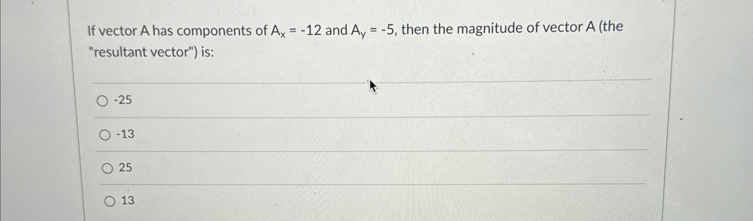 Solved If vector A has components of Ax=-12 ﻿and Ay=-5, | Chegg.com
