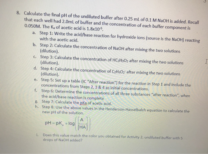 Solved I 8. Calculate the final pH of the undiluted buffer | Chegg.com