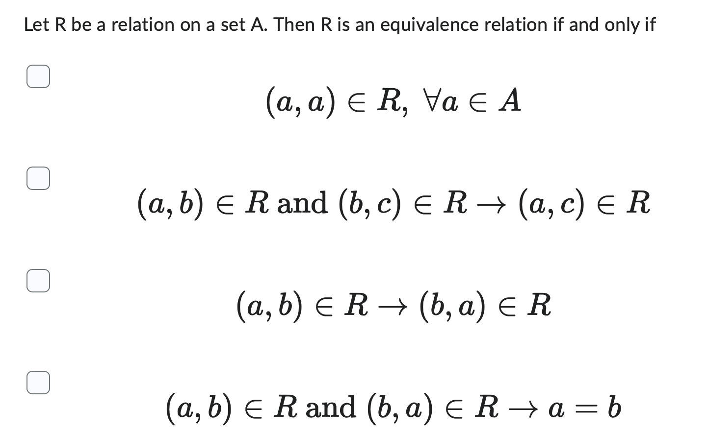 Solved Let R ﻿be a relation on a set A. ﻿Then R ﻿is an | Chegg.com