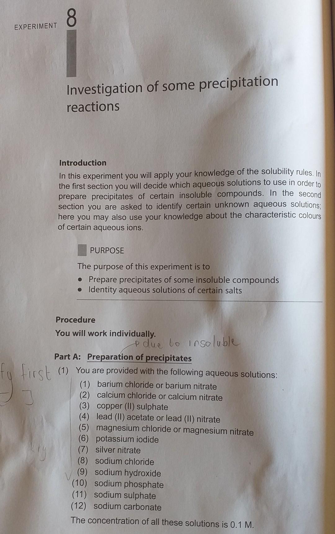 Solved Investigation of some precipitation reactions | Chegg.com