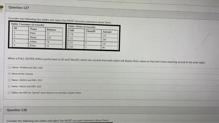 Solved Consider the following two tables and select the MOST | Chegg.com