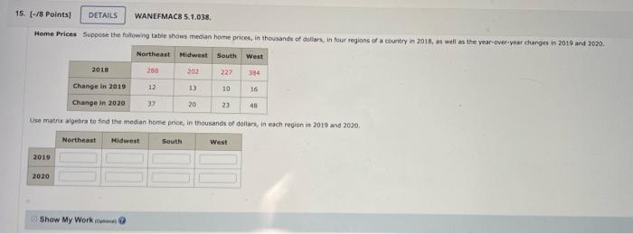 Solved se matrix algetra to find the median home price, in | Chegg.com