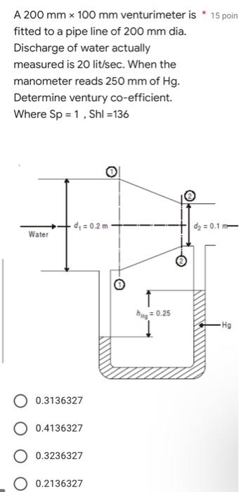 Solved A 200 mm x 100 mm venturimeter is fitted to a pipe | Chegg.com