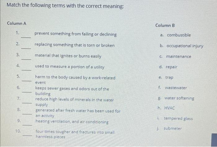 Solved Match the following terms with the correct meaning: | Chegg.com