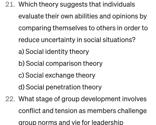 Solved Which theory suggests that individuals evaluate their | Chegg.com