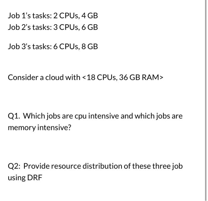 Solved Job 1's tasks: 2 CPUs, 4 GB Job 2's tasks: 3 CPUs, 6 | Chegg.com