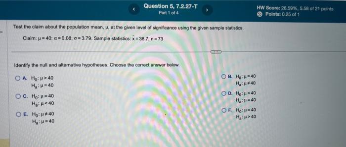 Solved Test the claim about the population mean, μ, at the | Chegg.com