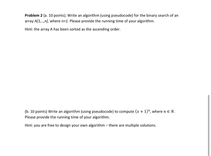 Solved Problem 2 (a. 10 points). Write an algorithm (using | Chegg.com