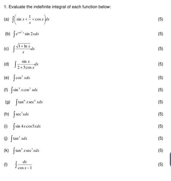 Solved 1. Evaluate the indefinite integral of each function | Chegg.com