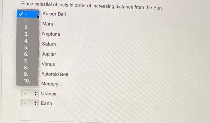 Place celestial objects in order of increasing | Chegg.com