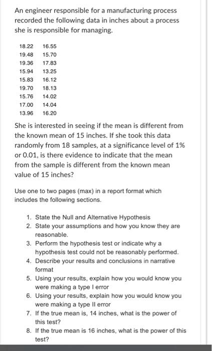 Solved An engineer responsible for a manufacturing process | Chegg.com