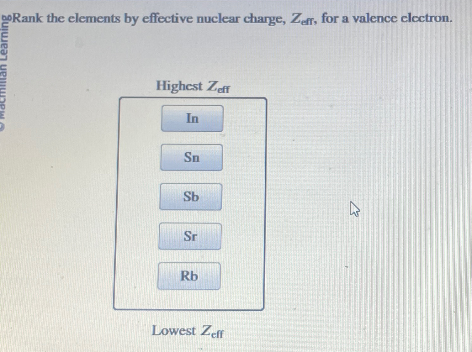 Solved Rank the elements by effective nuclear charge, Zeff , | Chegg.com