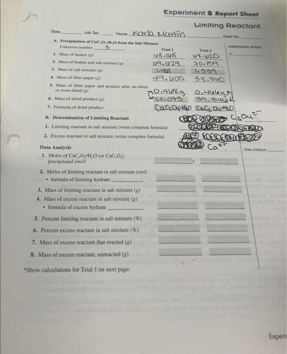 B. Determination of Limiting Reactant 1. Limiting | Chegg.com
