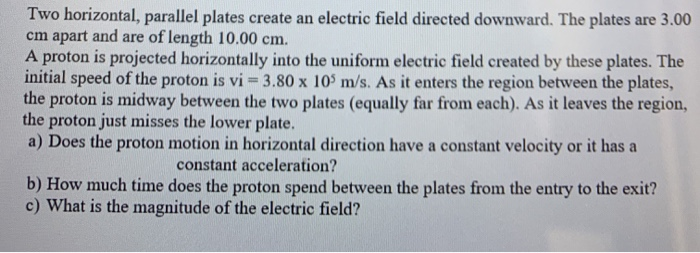 Solved Two horizontal, parallel plates create an electric | Chegg.com