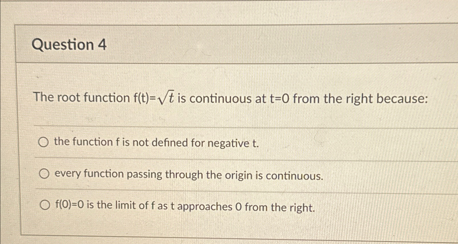 Solved Question 4The root function f(t)=t2 ﻿is continuous at | Chegg.com