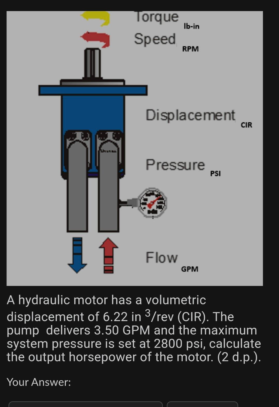 Solved Torque Speed Ib-in RPM Displacement CIR Pressure PSI | Chegg.com