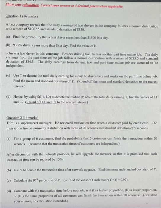 Solved Show your calculation, Correct your answer to 4 | Chegg.com