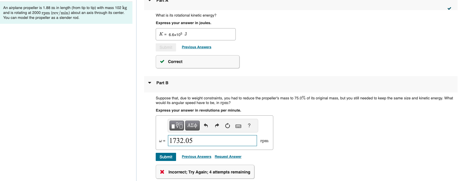 Solved An airplane propeller is 1.88m ﻿in length (from tip | Chegg.com