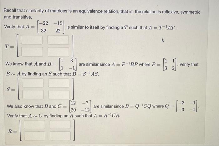 Solved Recall that similarity of matrices is an equivalence | Chegg.com