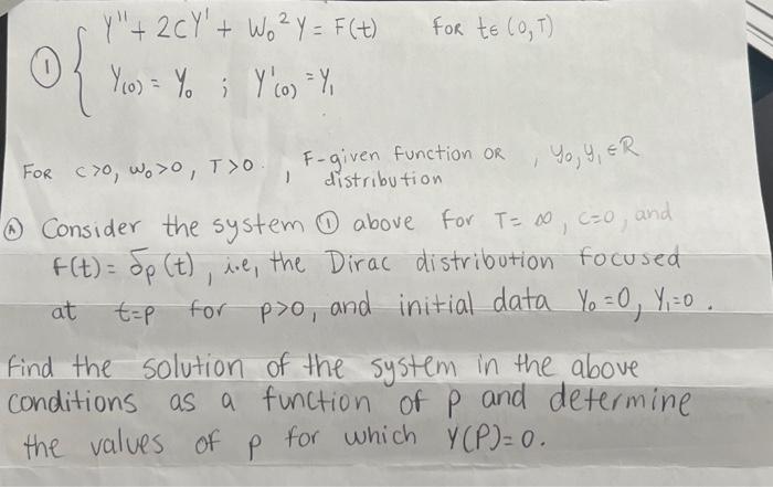 Solved (1) {y′′+2cy′+w02y=F(t) For t∈(0,T)y(0)=y0;y′(0)=y1 | Chegg.com