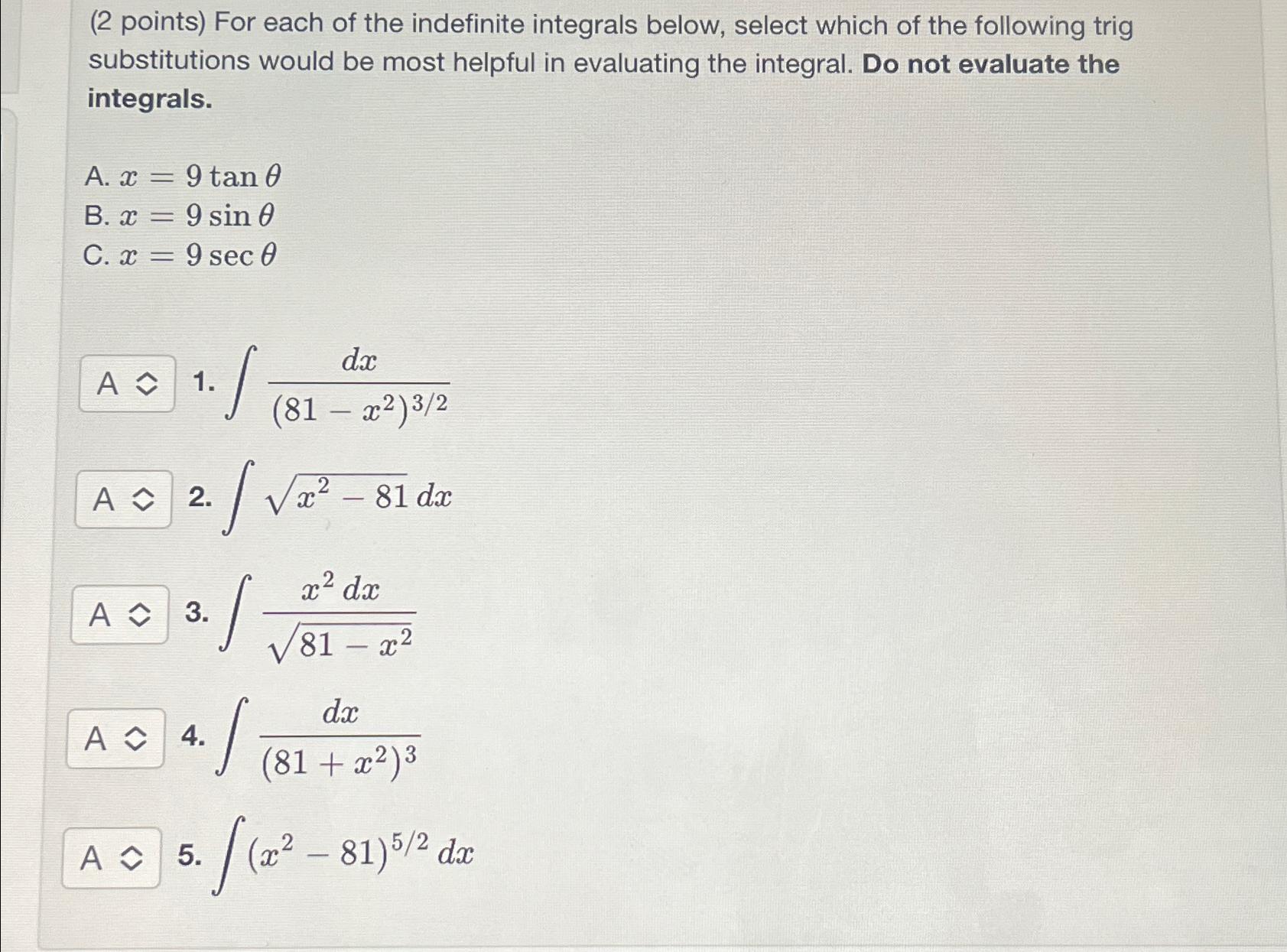 Solved (2 ﻿points) ﻿For each of the indefinite integrals | Chegg.com