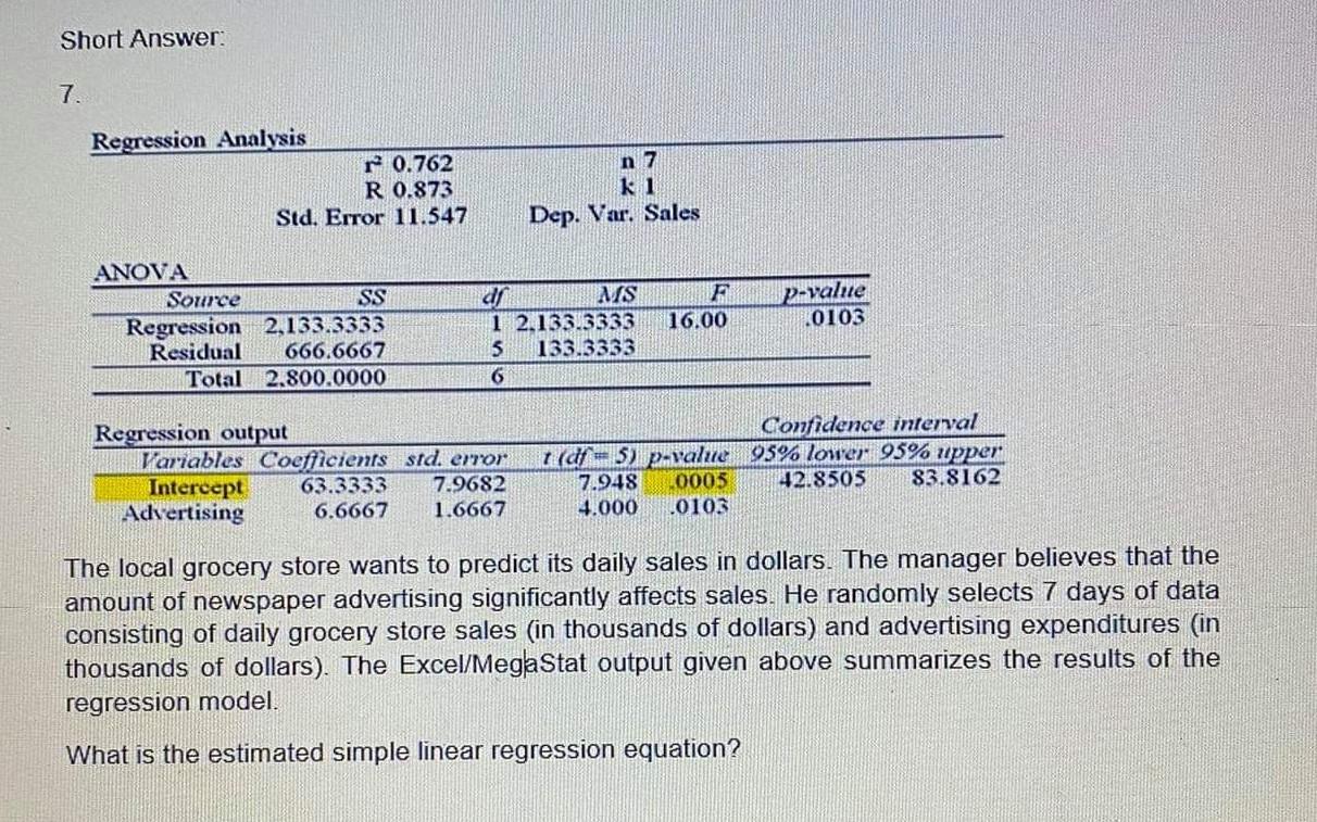 Solved Short Answer: 7. Regression Analysis T 0.762 R 0.873 | Chegg.com