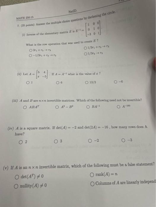 Solved 7. (25 points) Answer the multiple choice questivne - | Chegg.com
