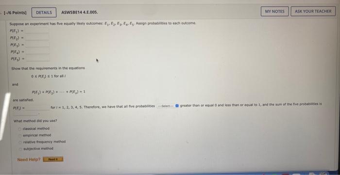 Solved A5WSBE14 4.E.005. Suppose an experiment has five | Chegg.com