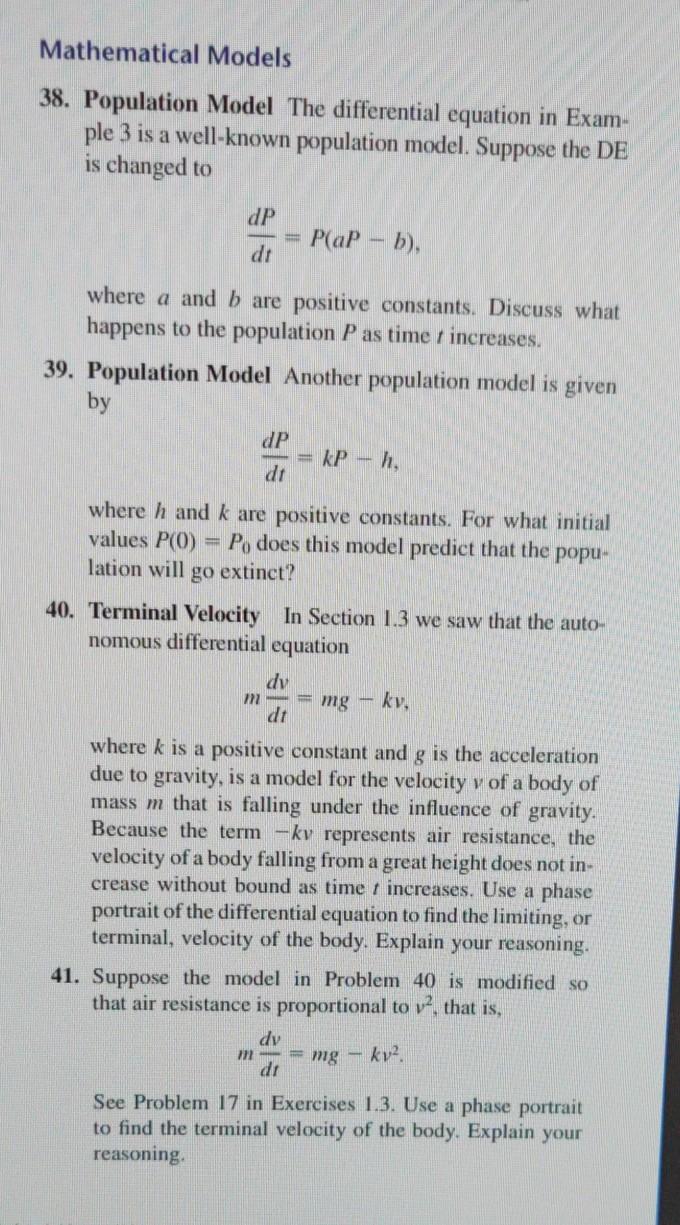 Solved Mathematical Models 38. Population Model The | Chegg.com