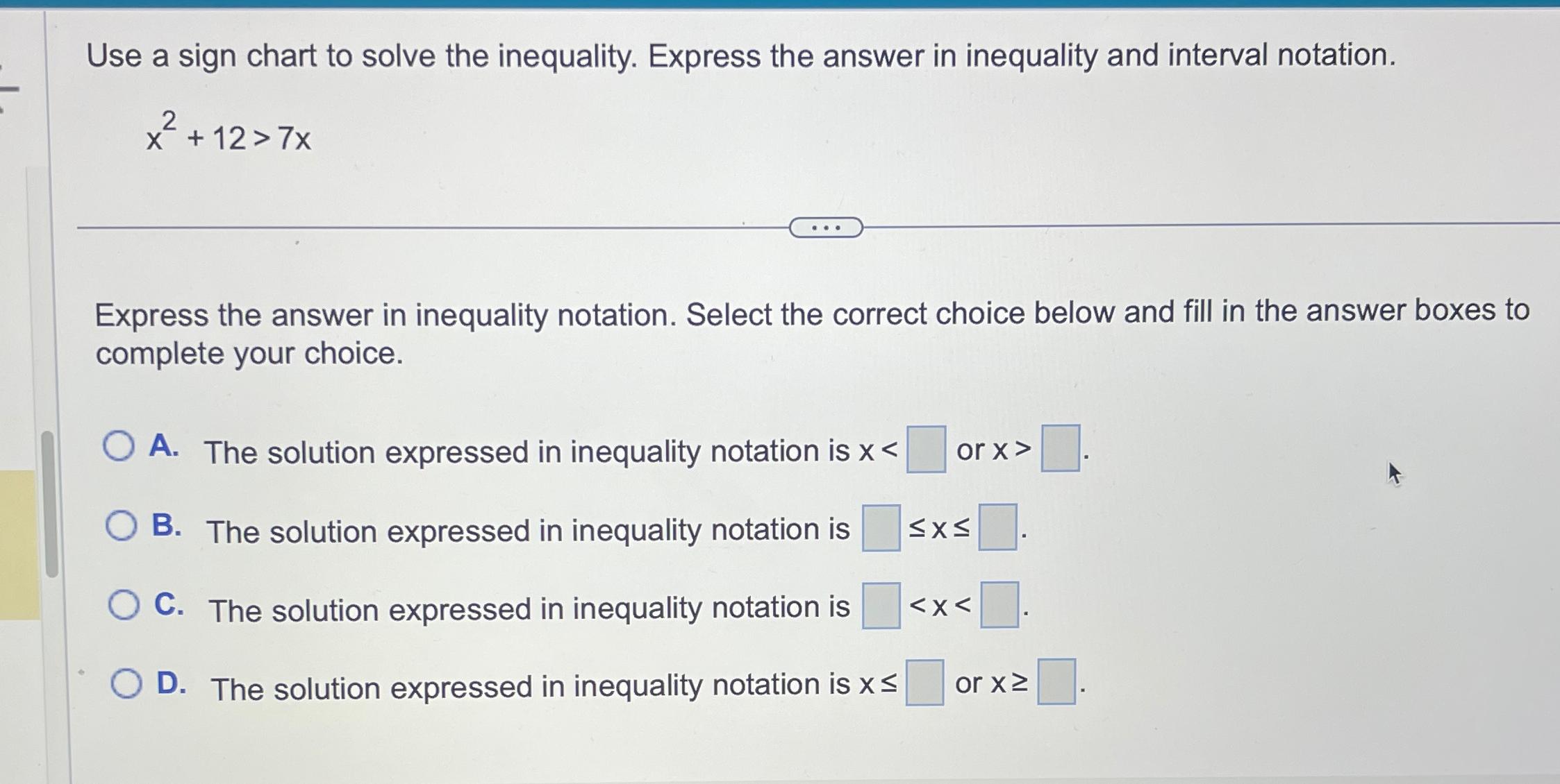 Solved Use a sign chart to solve the inequality. Express the | Chegg.com